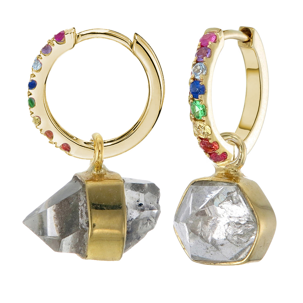 MINI HALO HOOPS - RAINBOW GEMS - WITH DIAMOND QUARTZ CHARMS - GOLD ...