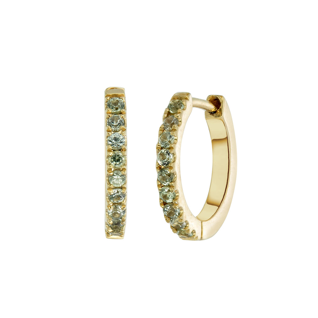 14K SOLID GOLD MINI HALO HOOPS - GREEN SAPPHIRE | TIGER FRAME